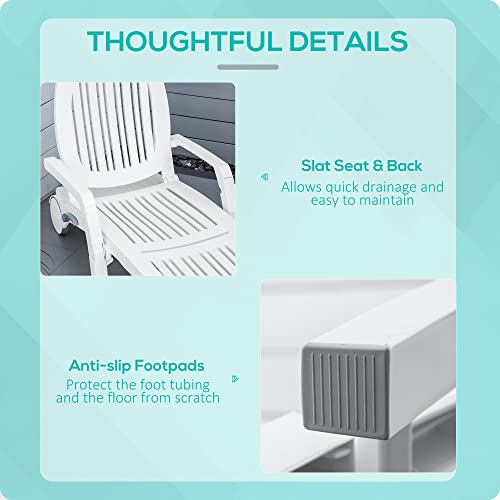 Outsunny Folding Chaise Lounge Chair on Wheels with Storage Box, Lightweight Plastic Sun Recliner with 5 Position Backrest for Beach & Pool, White