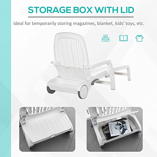 Outsunny Folding Chaise Lounge Chair on Wheels with Storage Box, Lightweight Plastic Sun Recliner with 5 Position Backrest for Beach & Pool, White