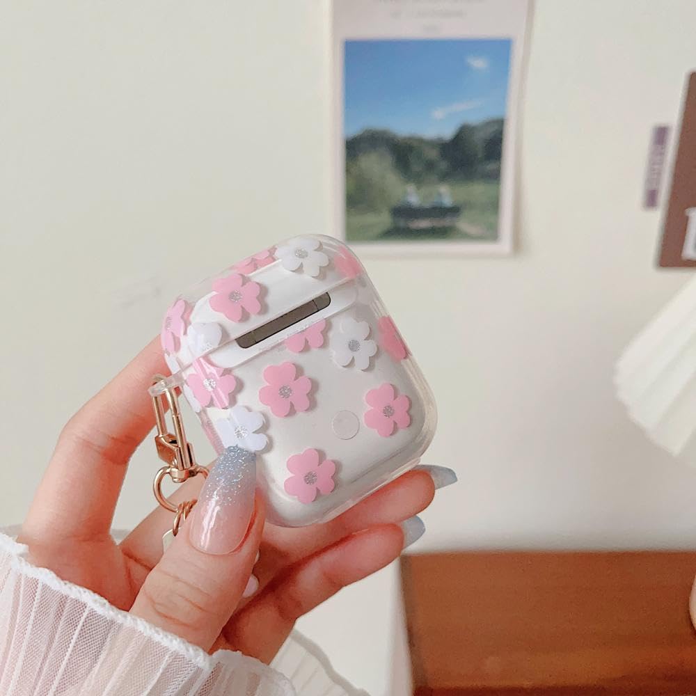 MINSCOSE Compatible with AirPods 1/2 Clear Case,Cute Cartoon Flower Pattern Design with Floral Keychain, Soft TPU Protective Shockproof Case for AirPod 1&2 for Girls Women-Pink