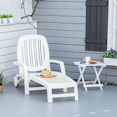 Outsunny Folding Chaise Lounge Chair on Wheels with Storage Box, Lightweight Plastic Sun Recliner with 5 Position Backrest for Beach & Pool, White