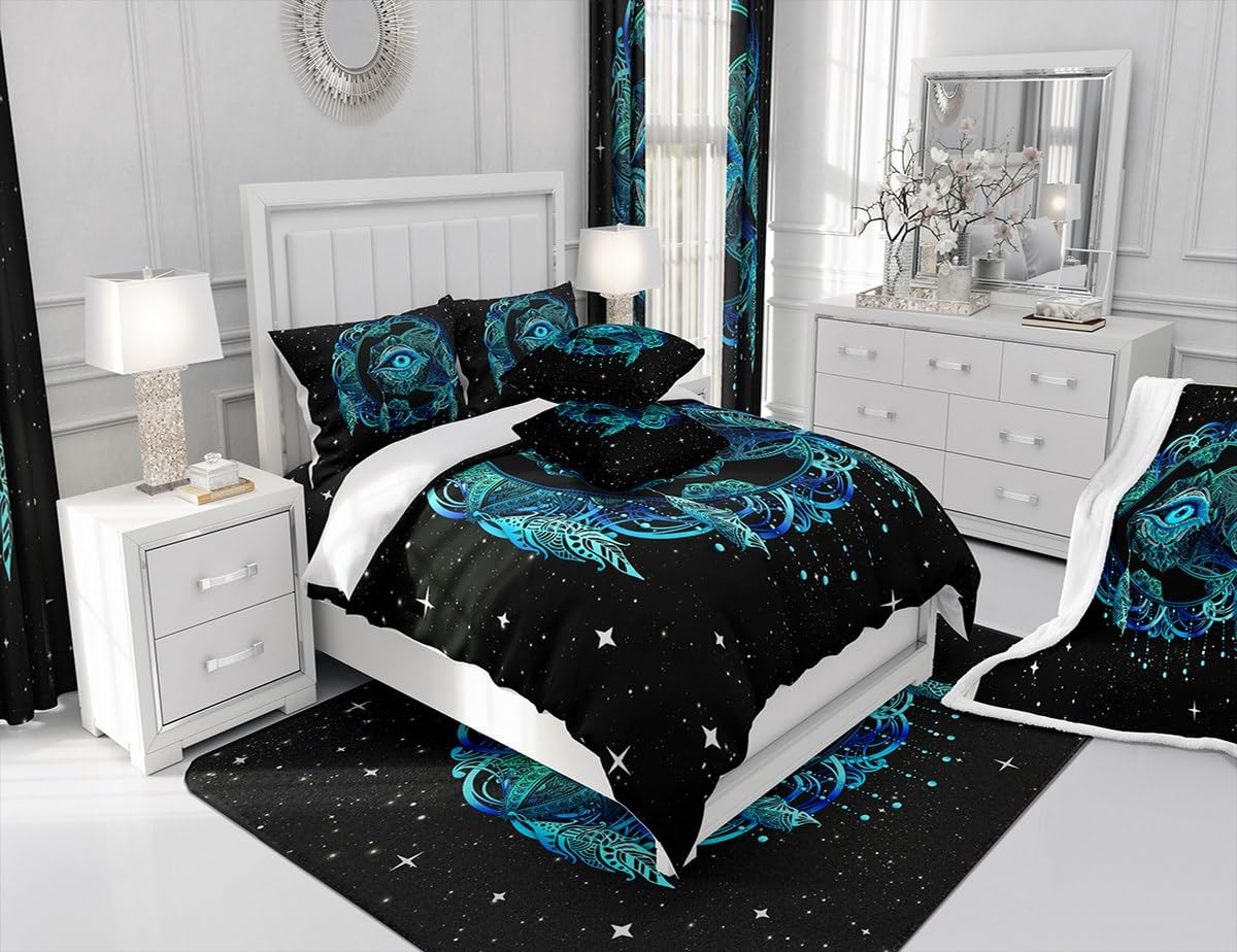 Starry Galaxy Nebula Universe Bed Sheet Set 3 Pieces,Bohemian Exotic Mysterious Eyes Microfiber Bedding Set with Flat,Dreamcatcher Fitted Sheet,2 Pillow Cases,Full Size