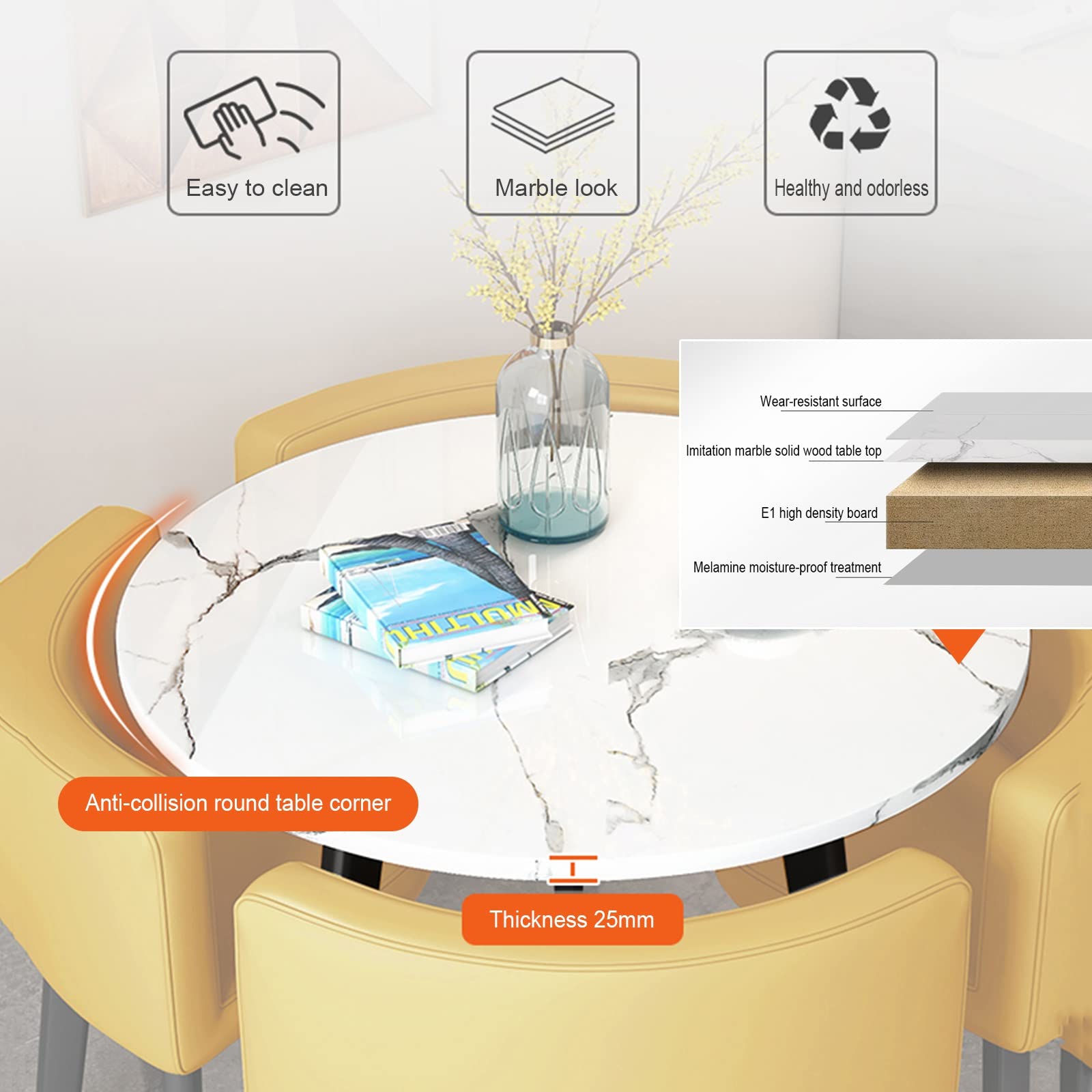 Small Conference Room Negotiation Table Sets,marble Round Table and PU backrest Chair Sets5-Piece,Office Reception Round Table and lounge chair Set,Coffee Table and Chair Set,for Family Apartment