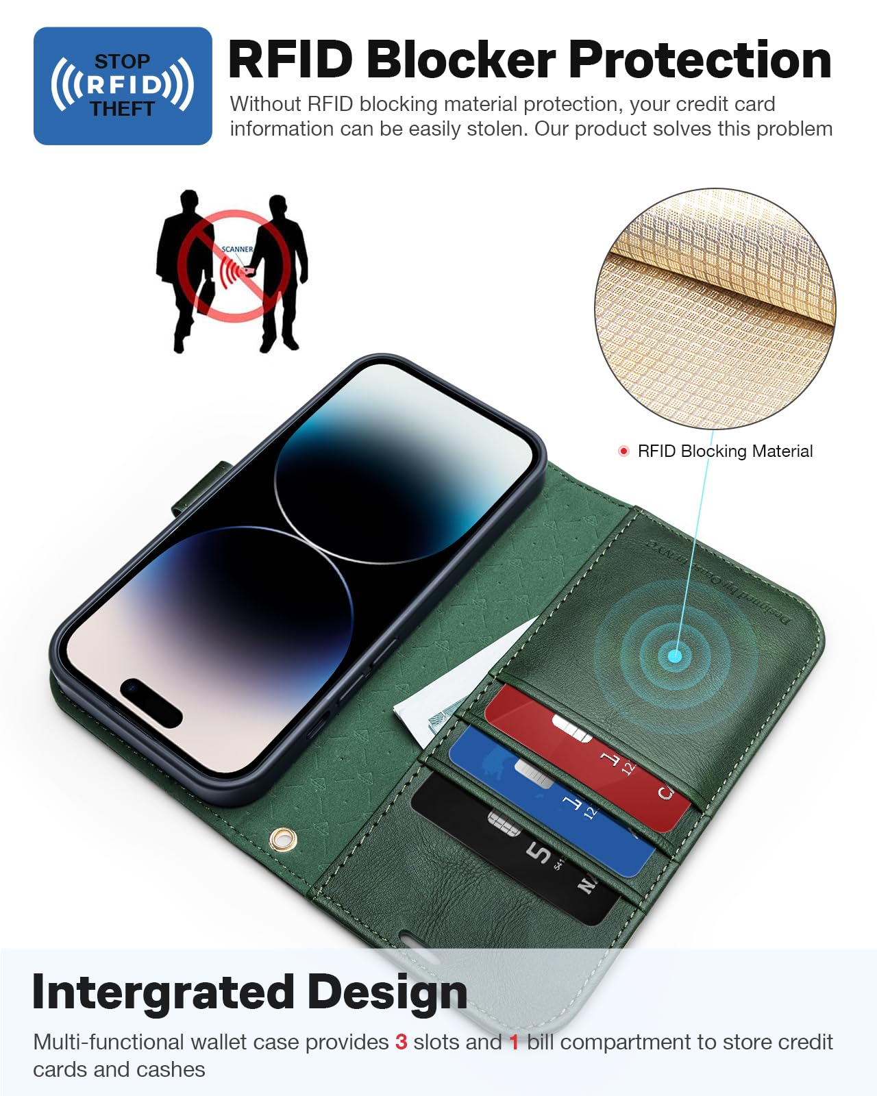 OCASE for iPhone 15 Pro Max Case Detachable Wallet Case with Card Holder, [2 in 1] PU Leather Flip Folio Case with RFID Blocking Stand Shockproof Phone Cover 6.7 Inch, Blackish Green