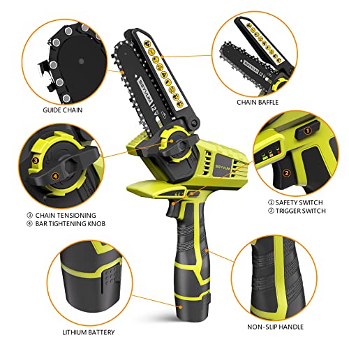 SEYVUM Mini Chainsaw with 2 Batteries 2 Chains, Portable Electric Chainsaw Cordless Handheld Small Power Chain Saws with Security Lock, Hand Saw for Trees Trimming Branch Wood Cutting