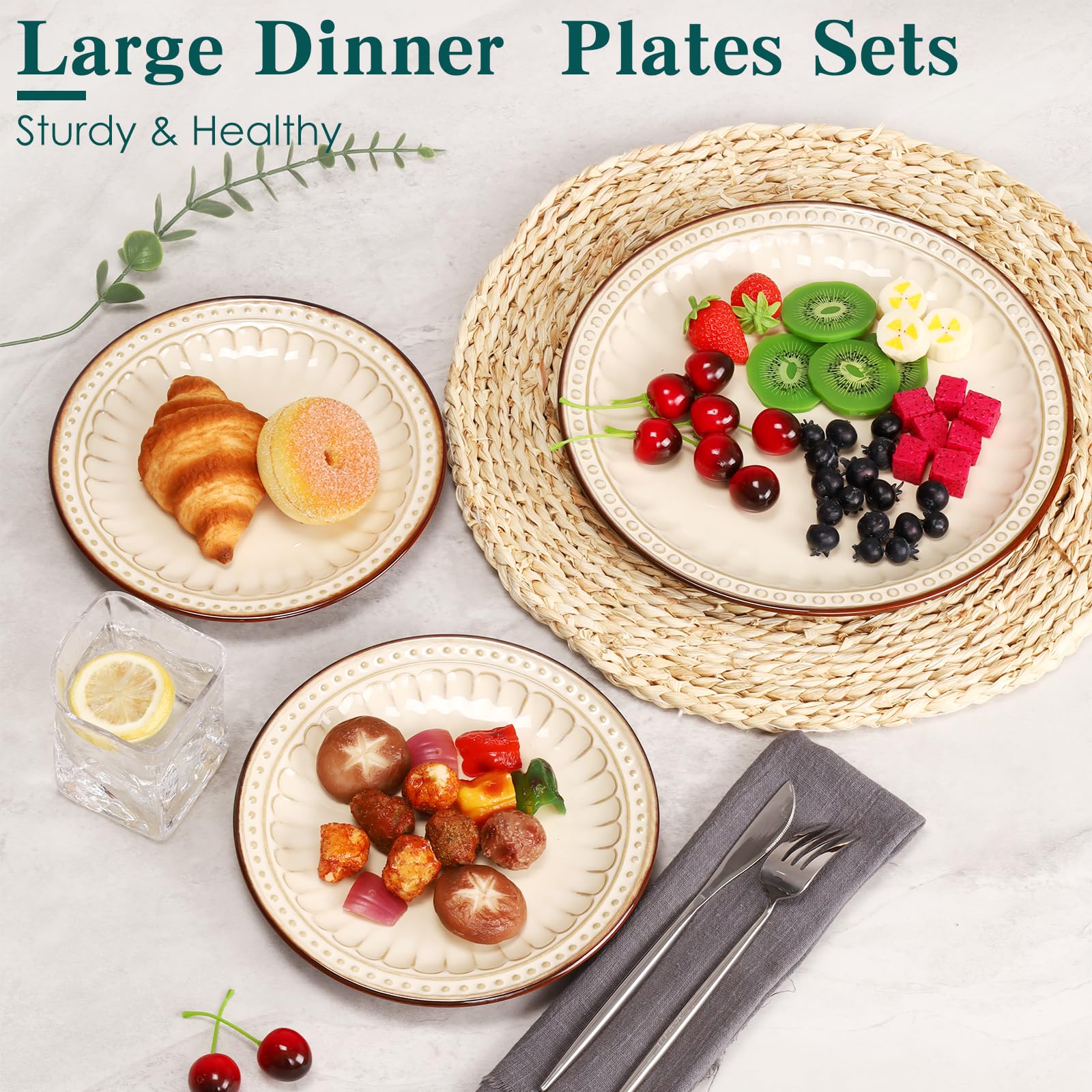 Yonune Eanoni Ceramic Dinner Plates Set of 6, 11 inch Large Stoneware Luxury Dishes for Kitchen Dinnerware Salad Dessert Gifts, Microwave Oven Dishwasher Safe, Scratch Resistant Cream Beige