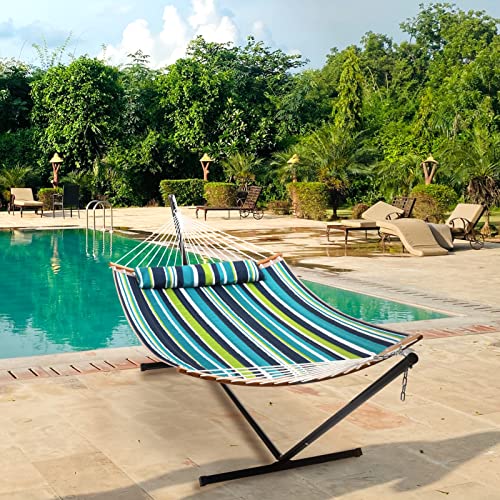 SUPERJARE Hammock with Stand, 2 Person Heavy Duty Hammock Frame, Detachable Pillow & Strong Curved-Bar & Portable Carrying Bag, Perfect for Outdoor & Indoor - Dark Cyan
