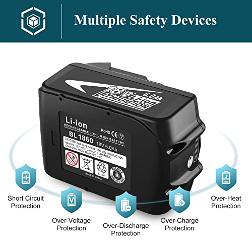 Upgraded to 6.0Ah BL1860B Replacement for Makita 18V Battery Lithium Ion BL1860 BL1850 BL1850B BL1840 BL1840B BL1830 BL1830B BL1815 BL1815B LXT-400 with LED Indicator 2 Packs