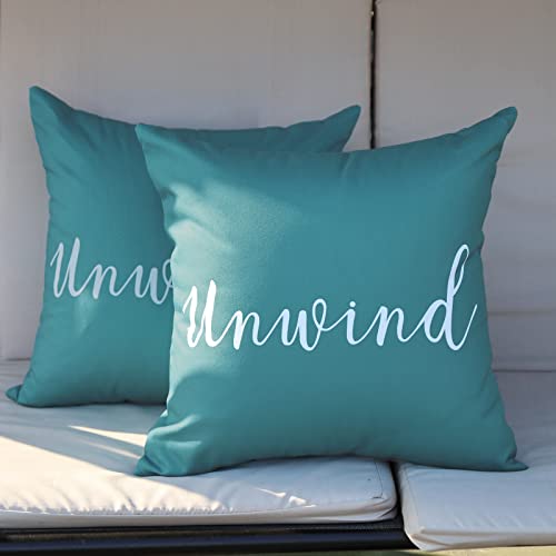 KRINGSIA Pack of 2, Unwind Outdooor Waterproof Throw Pillow Covers, Square Decorative Garden Cushion with Quotes & Sayings for PatioTent Couch (18x18 inch, Turquoise)