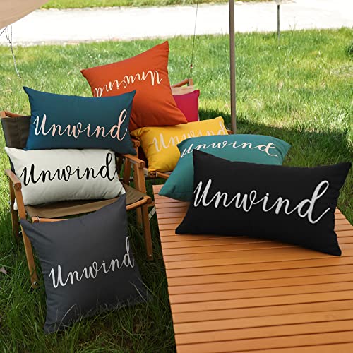 KRINGSIA Pack of 2, Unwind Outdooor Waterproof Throw Pillow Covers, Square Decorative Garden Cushion with Quotes & Sayings for PatioTent Couch (18x18 inch, Turquoise)