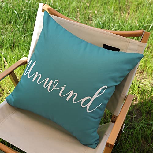 KRINGSIA Pack of 2, Unwind Outdooor Waterproof Throw Pillow Covers, Square Decorative Garden Cushion with Quotes & Sayings for PatioTent Couch (18x18 inch, Turquoise)