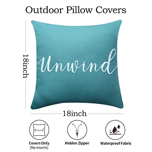 KRINGSIA Pack of 2, Unwind Outdooor Waterproof Throw Pillow Covers, Square Decorative Garden Cushion with Quotes & Sayings for PatioTent Couch (18x18 inch, Turquoise)