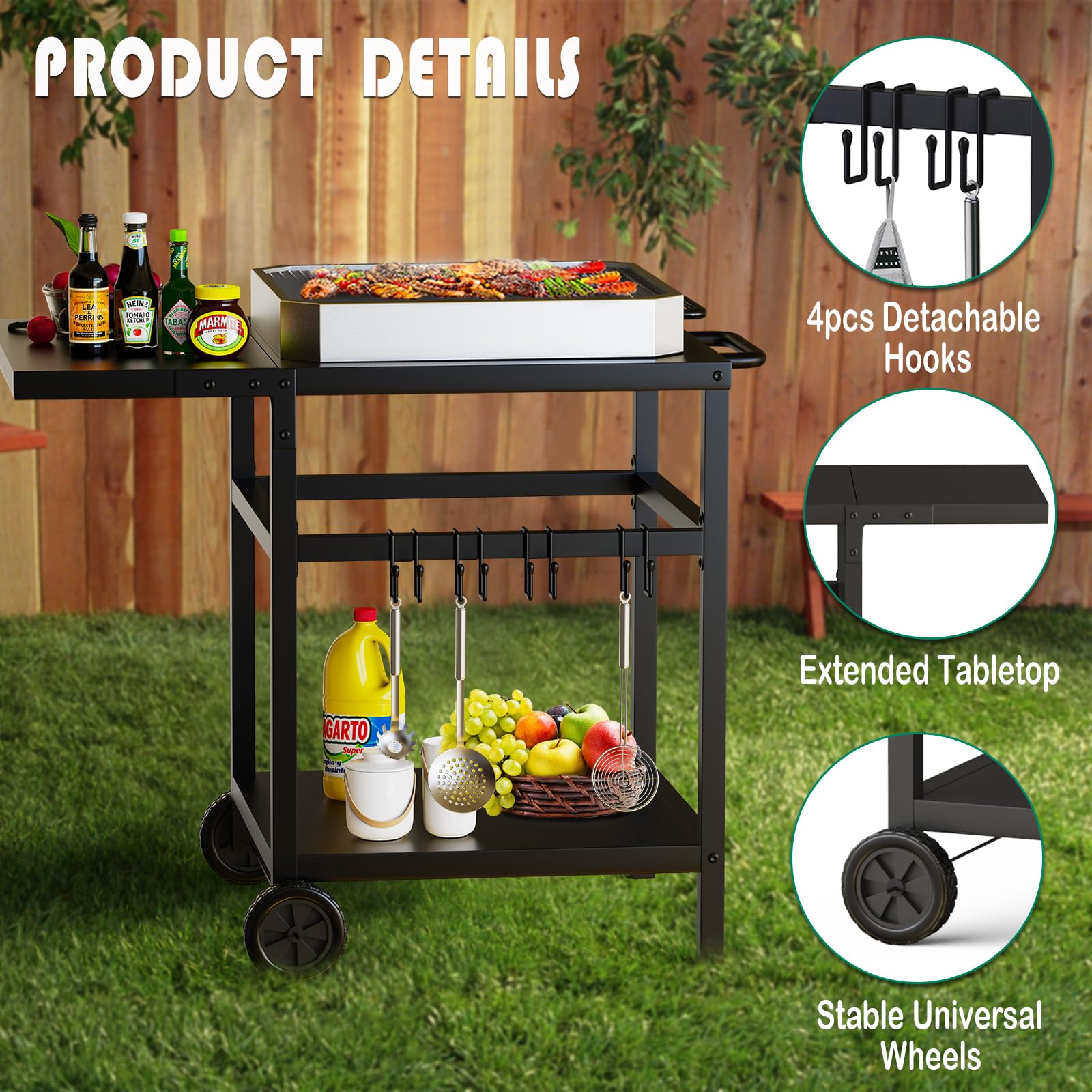 RAXSINYER Double-Shelf Grill Table Outdoor Grill Cart Movable BBQ Table Multifunctional Food Prep Table