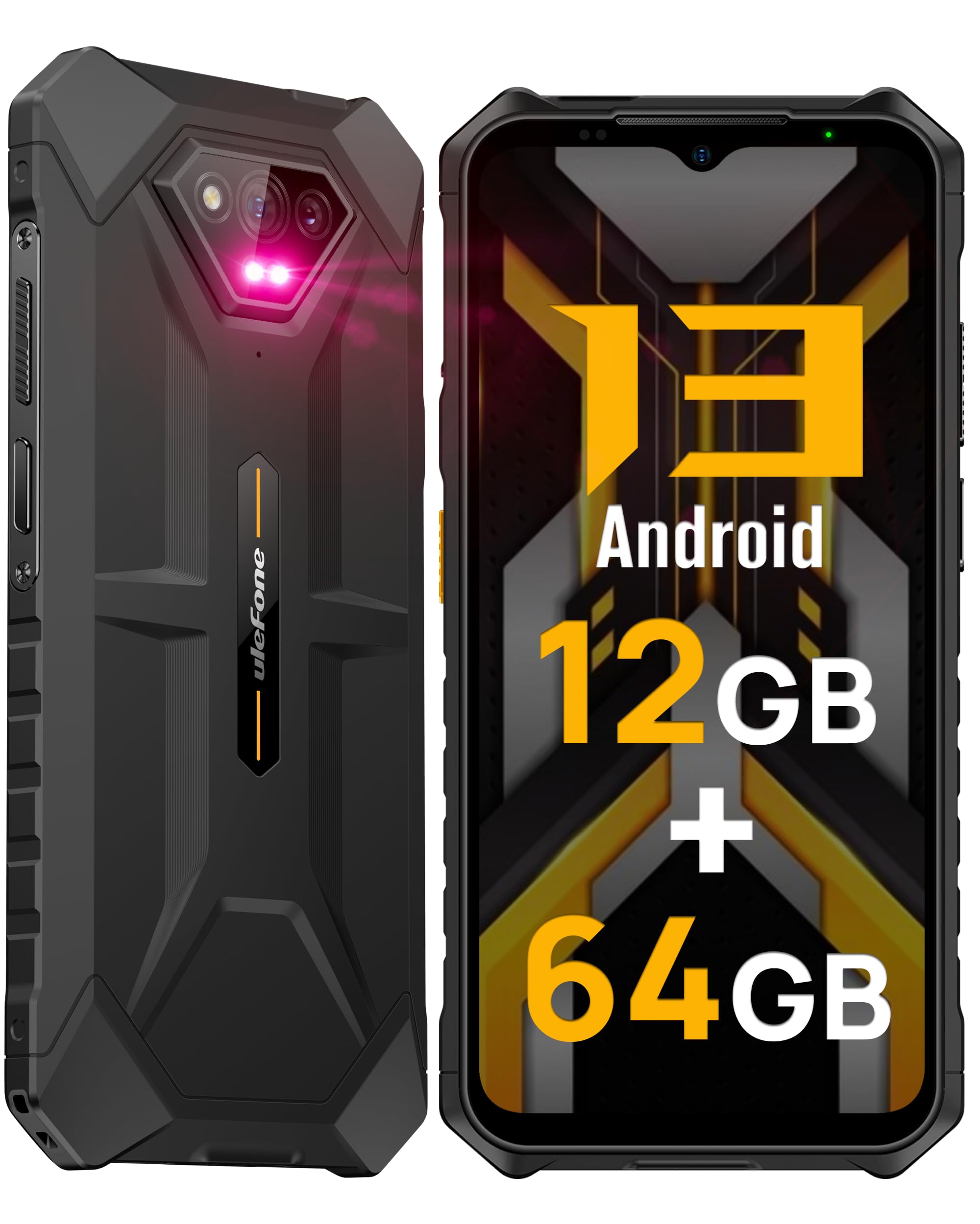 Ulefone Armor X13 Rugged Phones 2023, 50MP Rear Camera, 24MP Night Vision Camera, Up to 12GB RAM, 64GB ROM, 6320mAh, Android 13, IP68/IP69K Unlocked Smartphone, 4G LTE Cell Phone (Black)