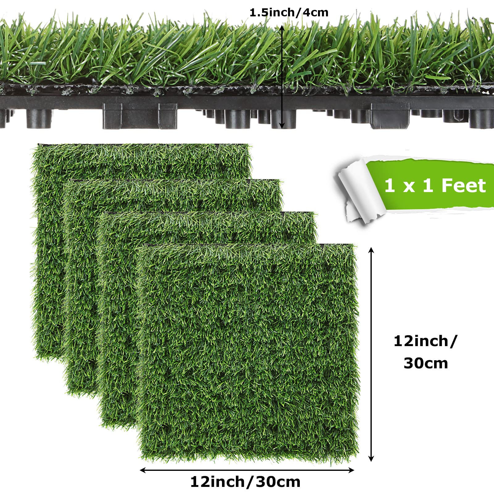 FVIEXE 9PCS Artificial Grass Turf Tile, 12 x 12 Inch Interlocking Deck Tiles Turf Squares Fake Grass Mat for Pet, Dogs, Patio, Balcony Apartment Indoor Outdoor Flooring Decor Grass Turf Rug