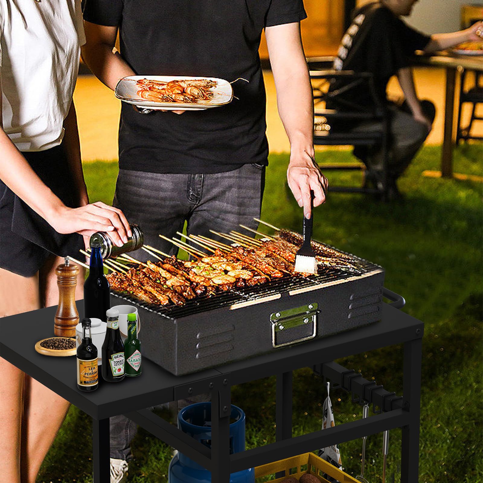 RAXSINYER Double-Shelf Grill Table Outdoor Grill Cart Movable BBQ Table Multifunctional Food Prep Table