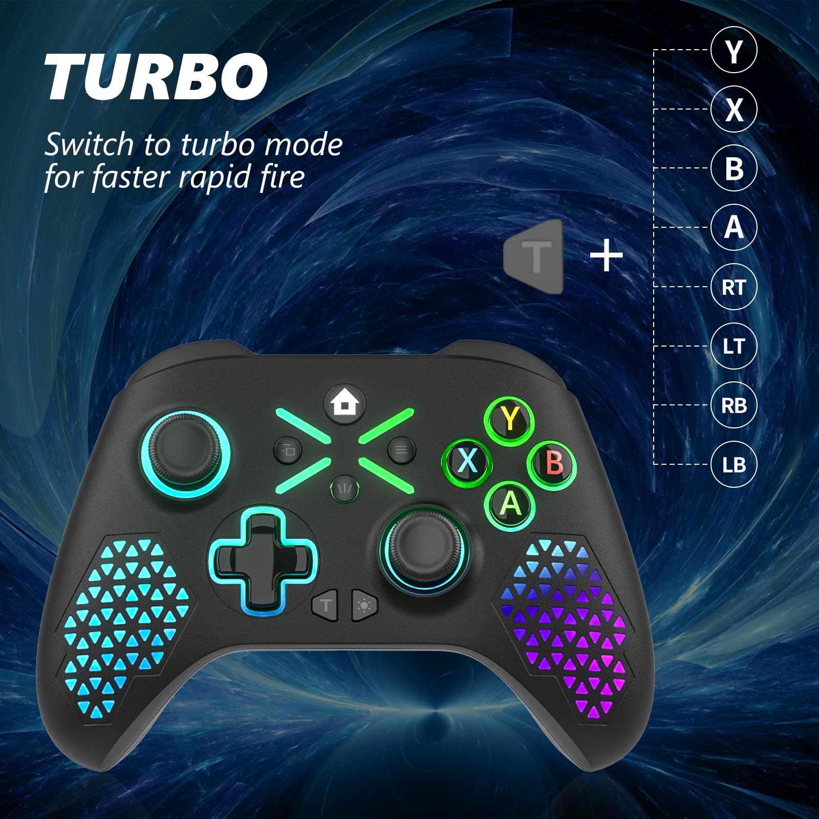 Dinosoo RGB Wireless Controller for Xbox Series X/S/Xbox One/Xbox One S/One X, Android PC, Built-in Battery Dual Vibration Turbo Function 3.5mm Headphone Jack Macro Function, 2.4GHz Adapter 1025 SYH