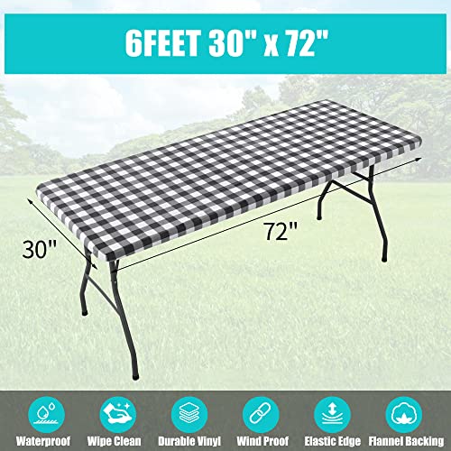 smiry Rectangle Table Cloth Cover, Elastic Waterproof Fitted Vinyl Table Covers for 6 FT Tables, Flannel Backed Buffalo Plaid Tablecloth for Picnic, Camping, Outdoor (Black and White, 30 x 72 Inches)
