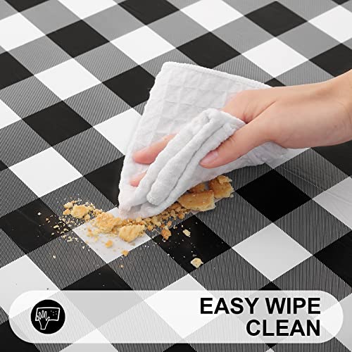 smiry Rectangle Table Cloth Cover, Elastic Waterproof Fitted Vinyl Table Covers for 6 FT Tables, Flannel Backed Buffalo Plaid Tablecloth for Picnic, Camping, Outdoor (Black and White, 30 x 72 Inches)