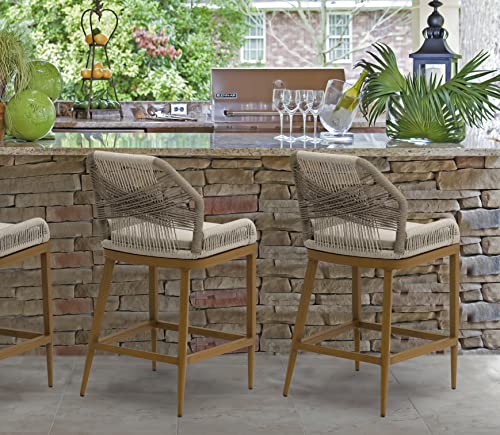 US Furnishing Indoor and Outdoor Waterproof Hand-Crafted Stool, Counter Height Stool Bar High Home Back Dining Chair Comfortable Simple Beautiful (Counter 25), Beige. Brown (7889-cc)