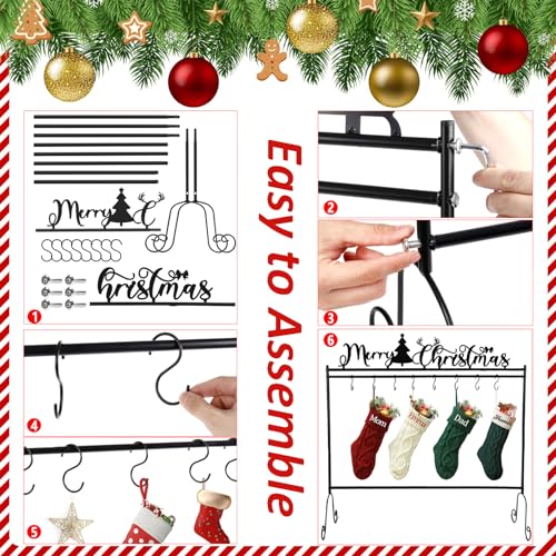 Profully 6 Hooks Christmas Stocking Holder Stand, Black Metal Christmas Stocking Hanger Stand for Floor with Detachable Christmas Decorations