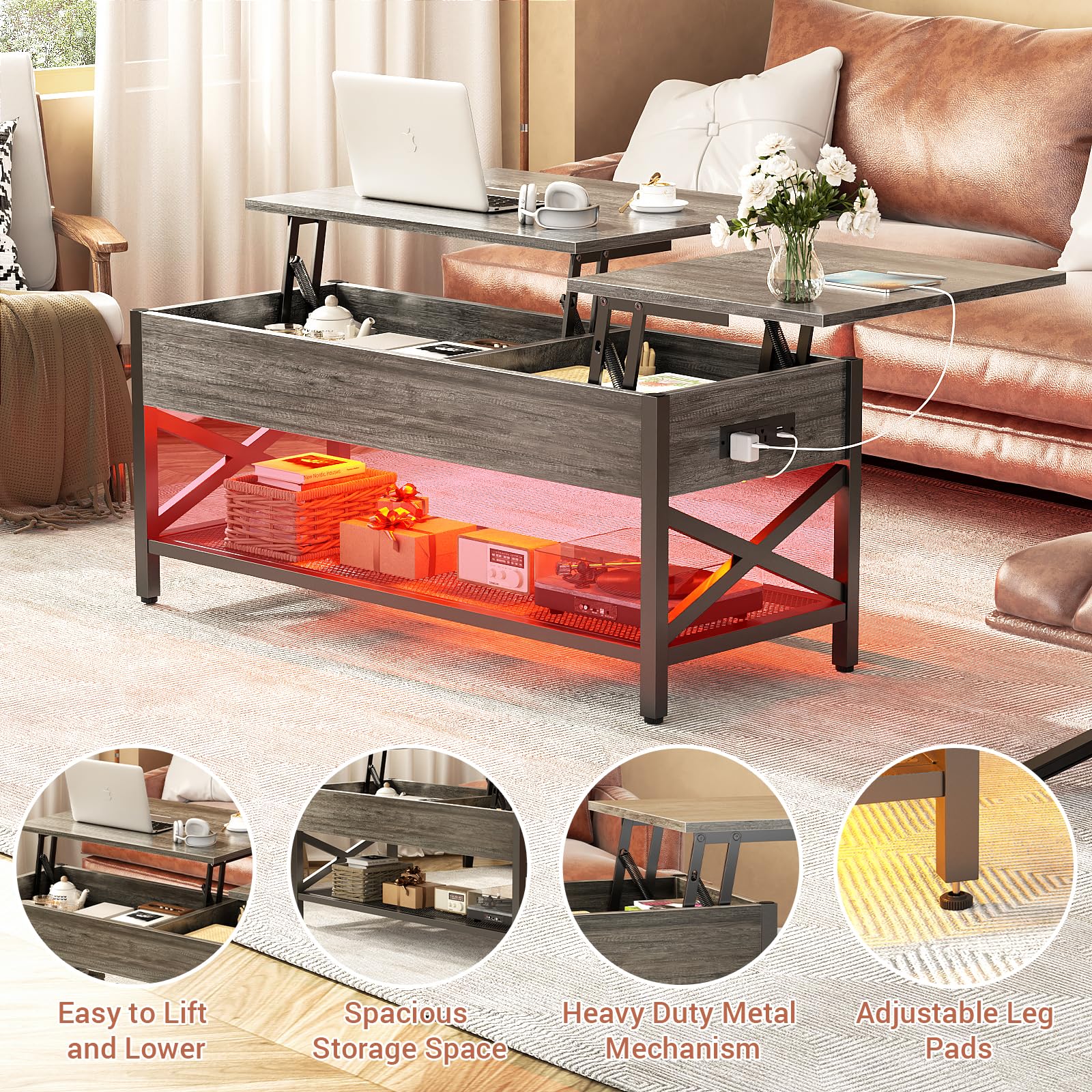 Besiost Coffee Table, Lift Top Coffee Table with Storage, LED Light & Power Outlet and Hidden Compartment, Retro Center Table for Living Room, X Support Wood Tabletop, Metal Frame, Black Oak