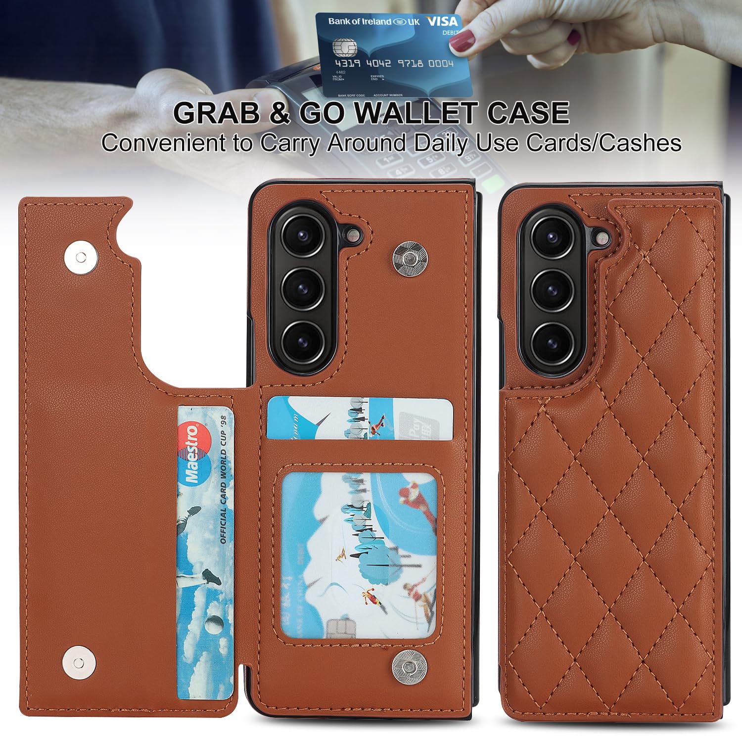 XIZYO for Samsung Galaxy Z Fold 5 Case, for Z Fold 5 Wallet Case with Card Holder Slot Kickstand Cute Aesthetic Leather Flip for Women Men Shockproof Protective Bumper Cover, Brown