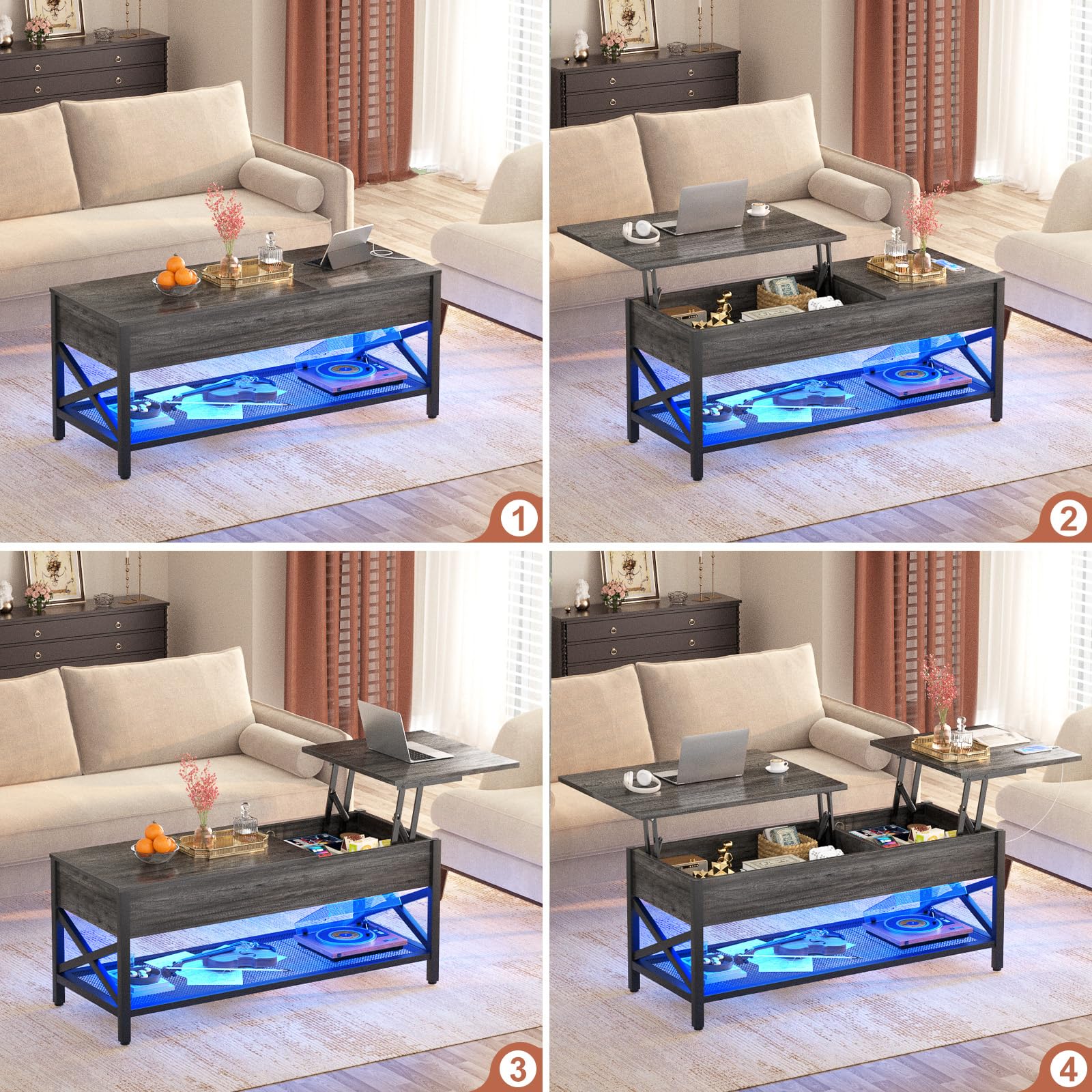 Besiost Coffee Table, Lift Top Coffee Table with Storage, LED Light & Power Outlet and Hidden Compartment, Retro Center Table for Living Room, X Support Wood Tabletop, Metal Frame, Black Oak