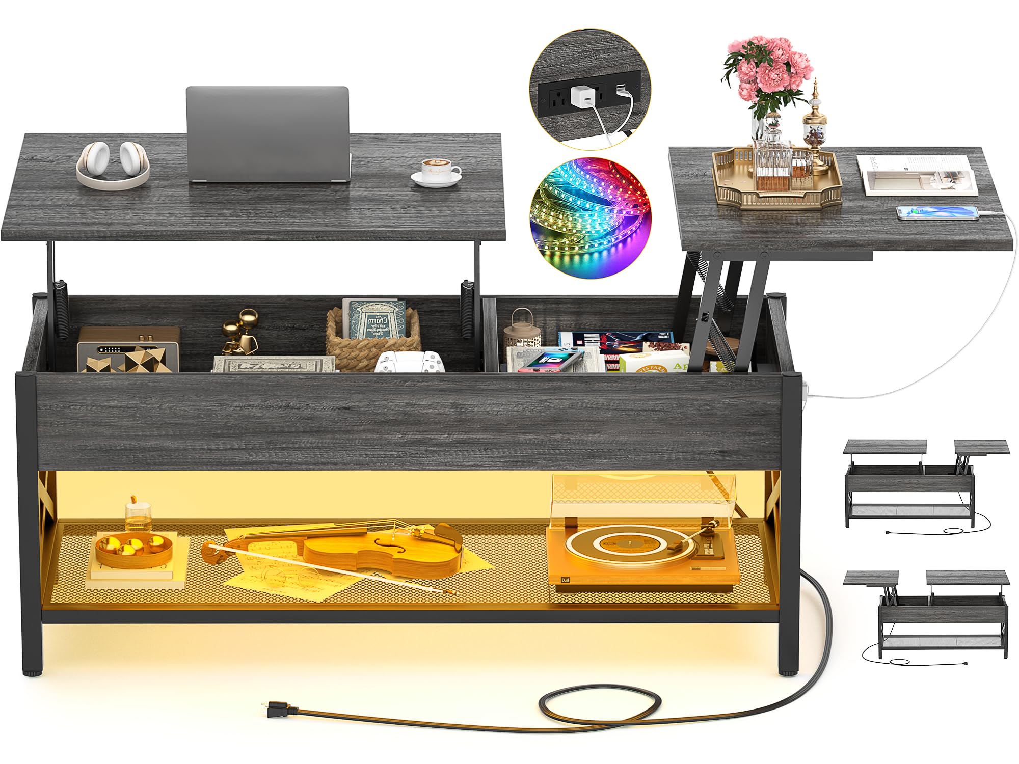 Besiost Coffee Table, Lift Top Coffee Table with Storage, LED Light & Power Outlet and Hidden Compartment, Retro Center Table for Living Room, X Support Wood Tabletop, Metal Frame, Black Oak