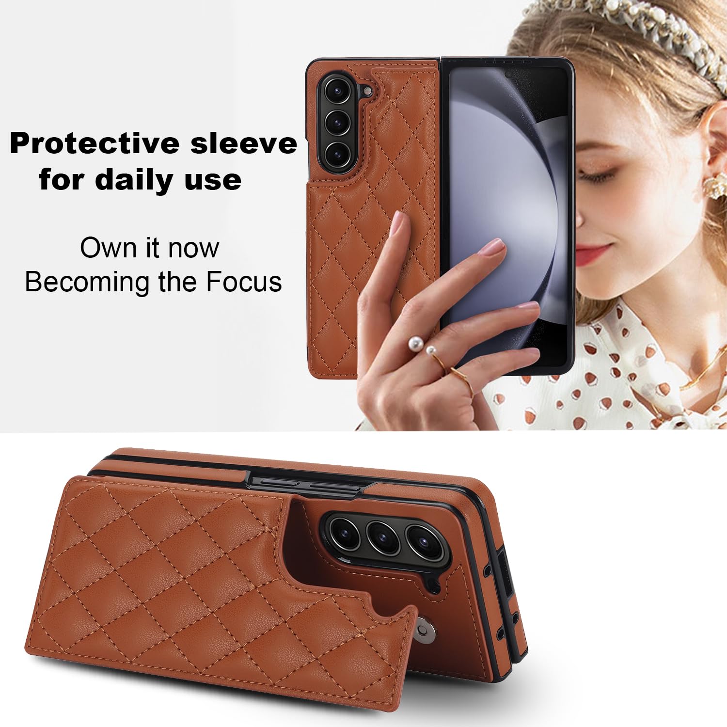 XIZYO for Samsung Galaxy Z Fold 5 Case, for Z Fold 5 Wallet Case with Card Holder Slot Kickstand Cute Aesthetic Leather Flip for Women Men Shockproof Protective Bumper Cover, Brown