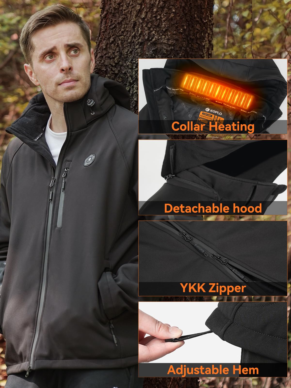 KOPLO Heated Jacket for Men, 14400mAh Battery Pack with Detachable Hood, Waterproof Outdoor Heating Jacket-L
