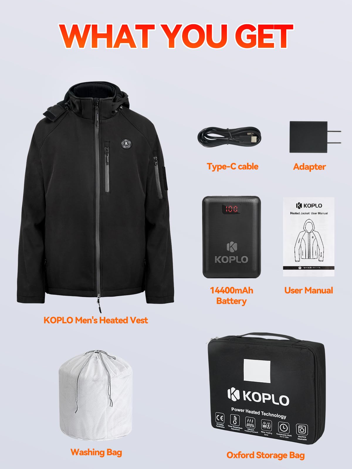 KOPLO Heated Jacket for Men, 14400mAh Battery Pack with Detachable Hood, Waterproof Outdoor Heating Jacket-L