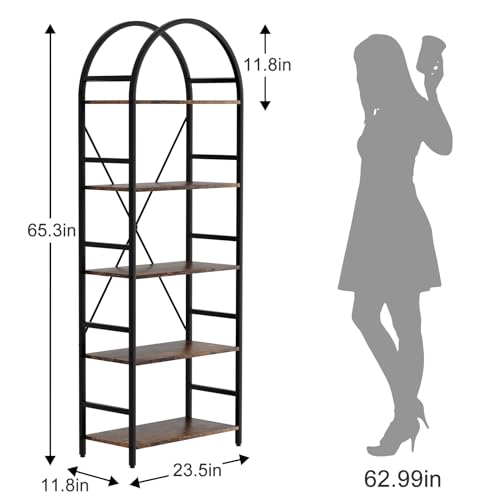 Arbuxzuy 5-Tier Bookshelf, 24 Inch Width Industrial Arched Bookcase, Vintage Storage Rack with Open Shelves, Free Standing Shelf for Home Office, Living Room,Bedroom, Rustic Brown