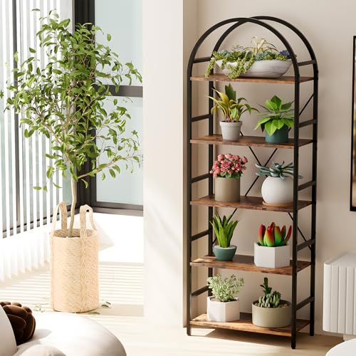 Arbuxzuy 5-Tier Bookshelf, 24 Inch Width Industrial Arched Bookcase, Vintage Storage Rack with Open Shelves, Free Standing Shelf for Home Office, Living Room,Bedroom, Rustic Brown