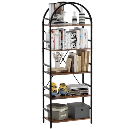 Arbuxzuy 5-Tier Bookshelf, 24 Inch Width Industrial Arched Bookcase, Vintage Storage Rack with Open Shelves, Free Standing Shelf for Home Office, Living Room,Bedroom, Rustic Brown