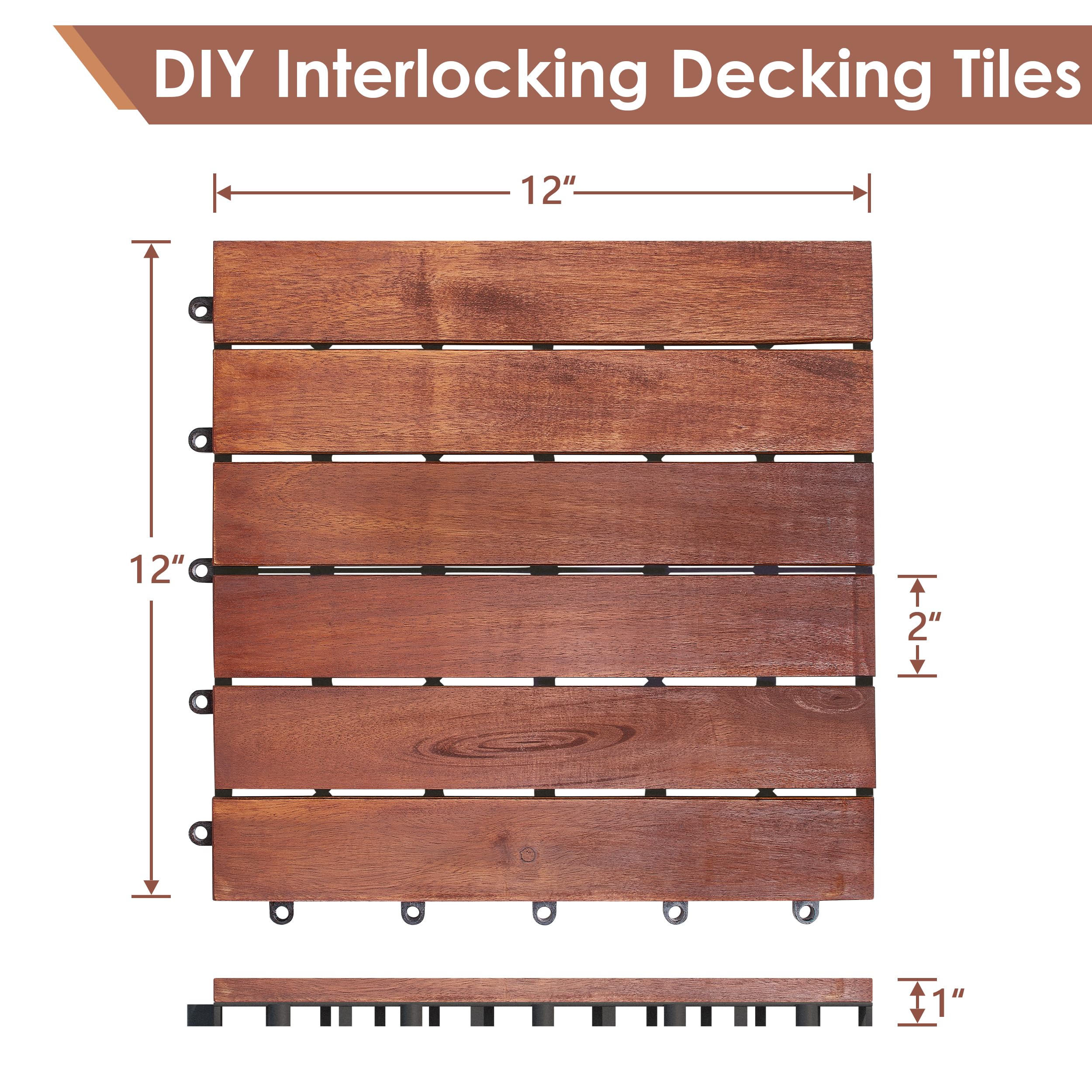 PrimeZone 108 PCS Solid Acacia Wood Interlocking Patio Deck Tiles - 12" x 12" Indoor Outdoor Waterproof Flooring Tiles for Balcony, Backyard, Garden & Poolside, All Weather Use, Brown