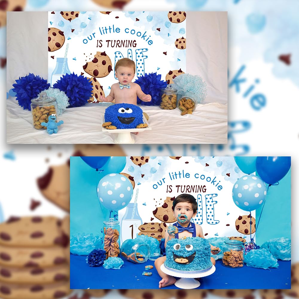 Rcoaror Our Little Cookie is Turning One Backdrop Cookies and Milk 1st Birthday Party Background Blue White Little One Boys Decorations First Birthday Banner Props 71X47inch