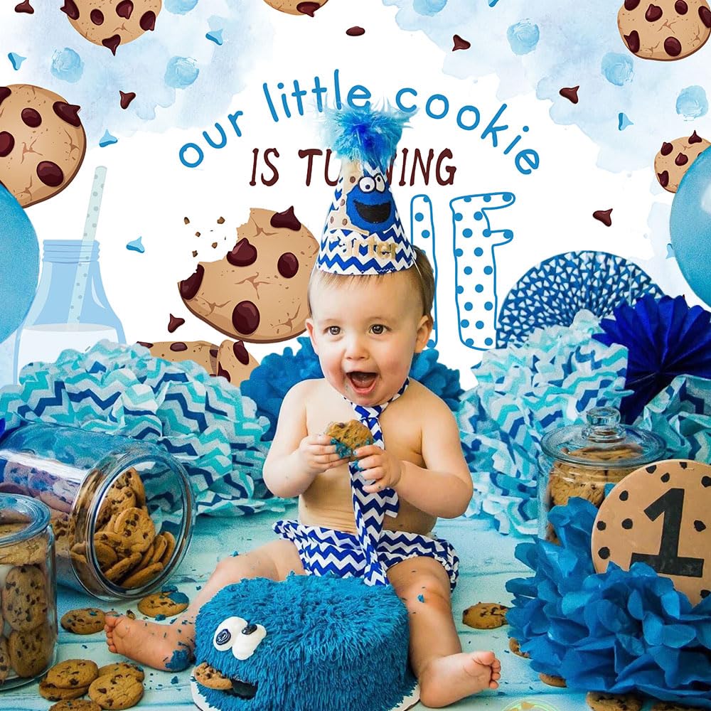 Rcoaror Our Little Cookie is Turning One Backdrop Cookies and Milk 1st Birthday Party Background Blue White Little One Boys Decorations First Birthday Banner Props 71X47inch