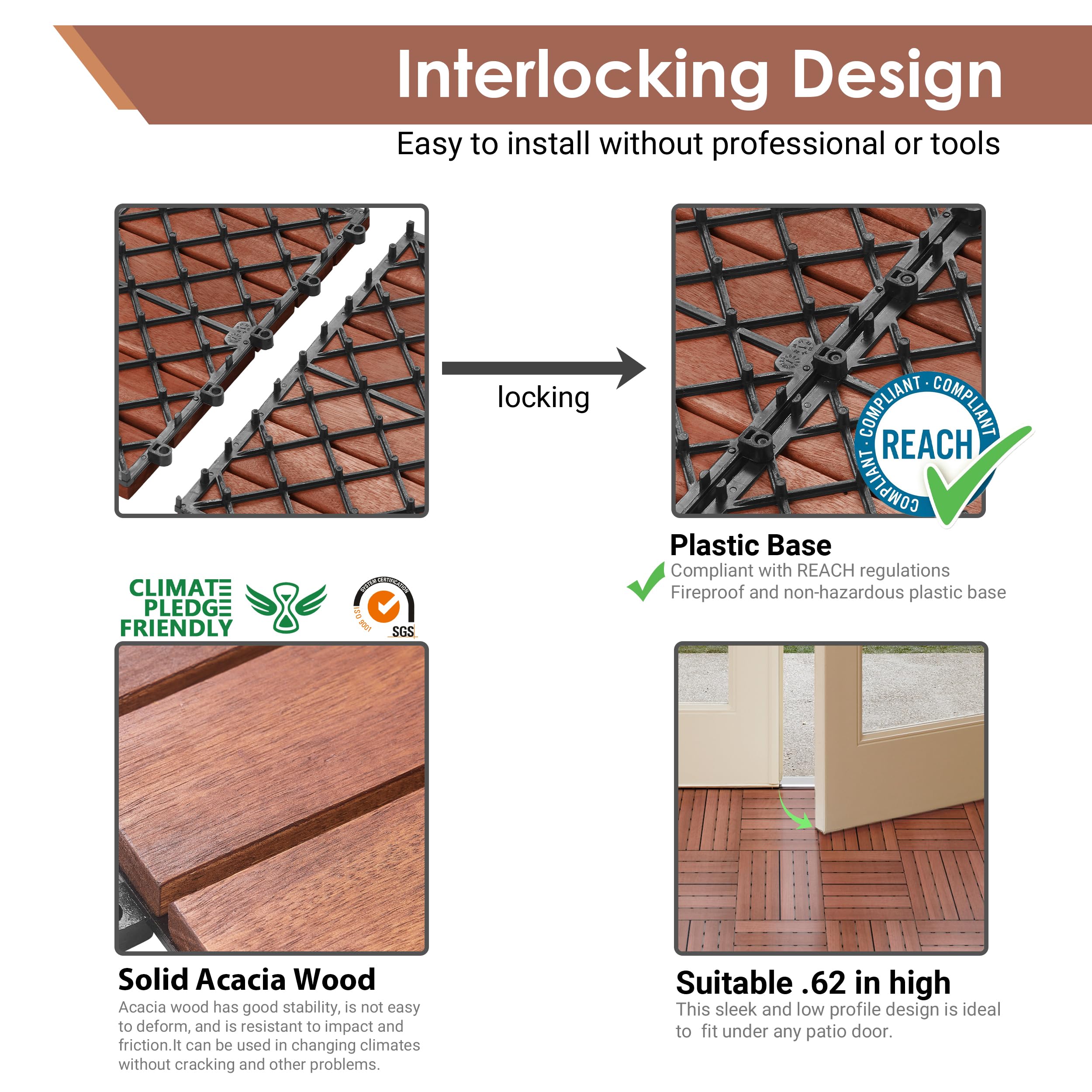 PrimeZone 108 PCS Solid Acacia Wood Interlocking Patio Deck Tiles - 12" x 12" Indoor Outdoor Waterproof Flooring Tiles for Balcony, Backyard, Garden & Poolside, All Weather Use, Brown