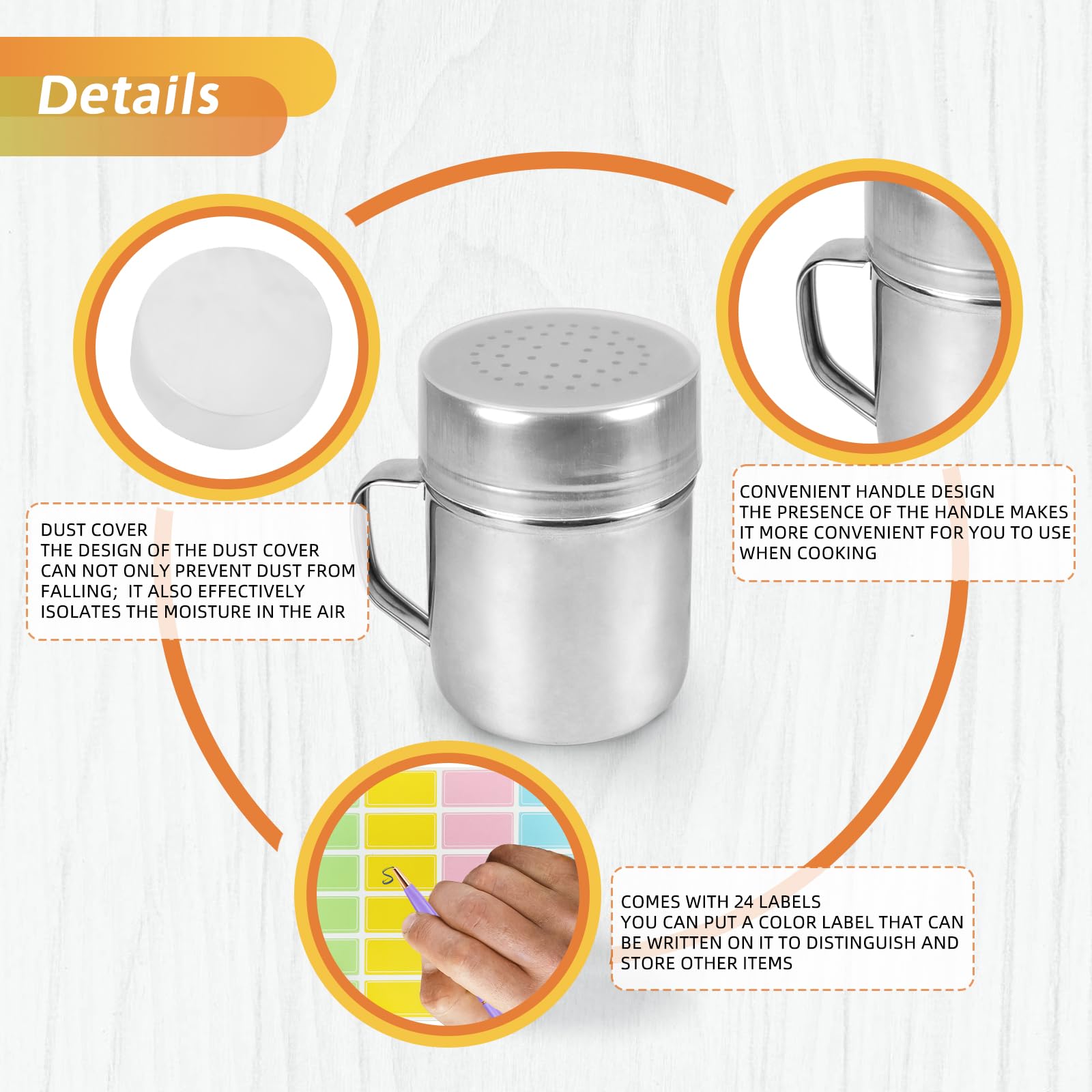 GEMLORD 2 Pieces 13.5 OZ Stainless Steel Salt and Pepper Dredge Shakers with Lid and Handle, Seasoning Pepper Shaker Spice Condiment Shakers for Powder Candy Cooking Kitchen Baking
