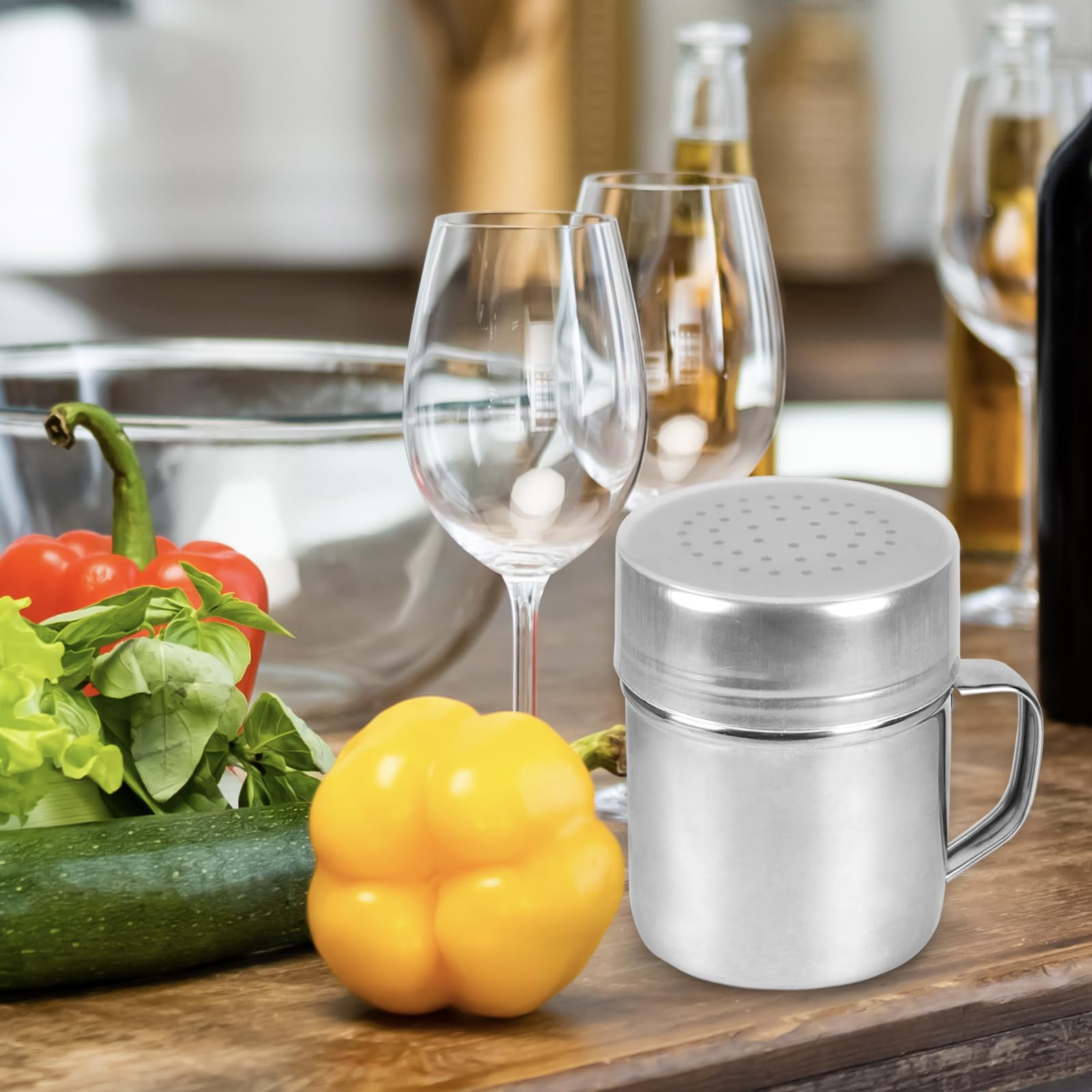 GEMLORD 2 Pieces 13.5 OZ Stainless Steel Salt and Pepper Dredge Shakers with Lid and Handle, Seasoning Pepper Shaker Spice Condiment Shakers for Powder Candy Cooking Kitchen Baking