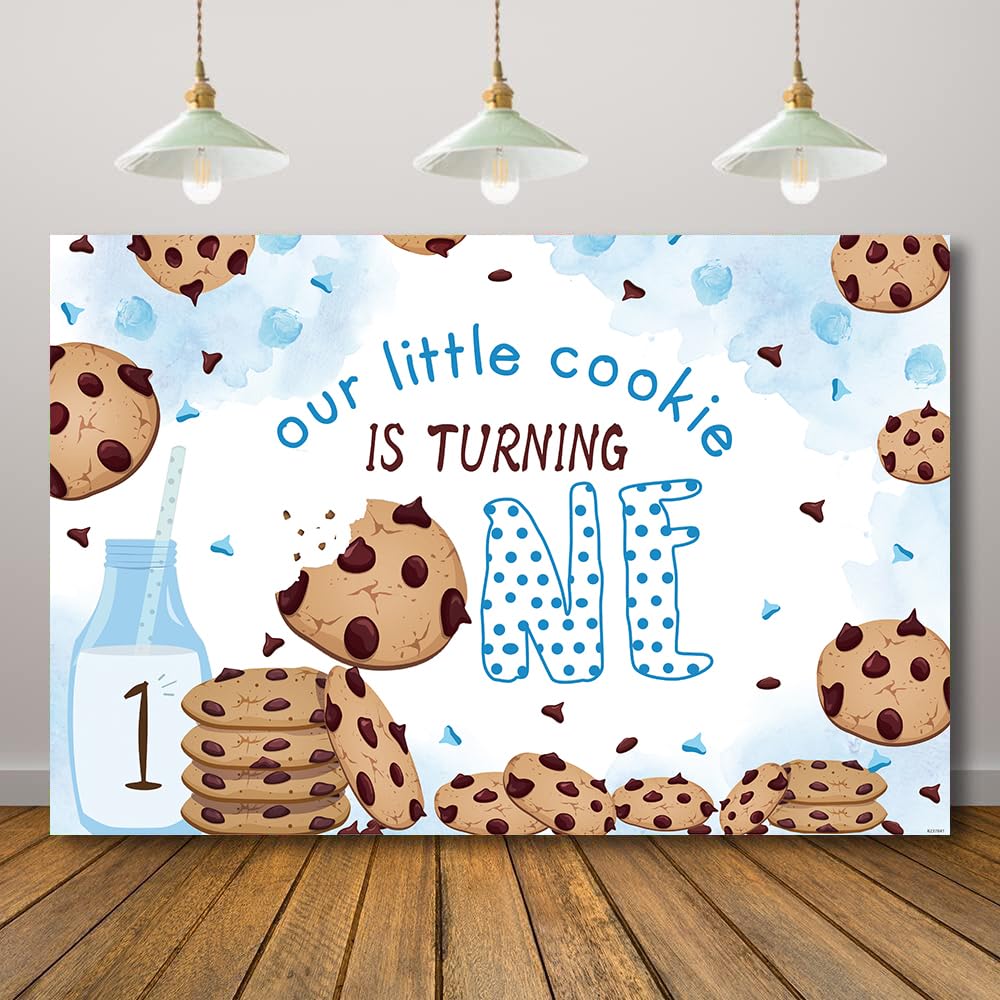Rcoaror Our Little Cookie is Turning One Backdrop Cookies and Milk 1st Birthday Party Background Blue White Little One Boys Decorations First Birthday Banner Props 71X47inch