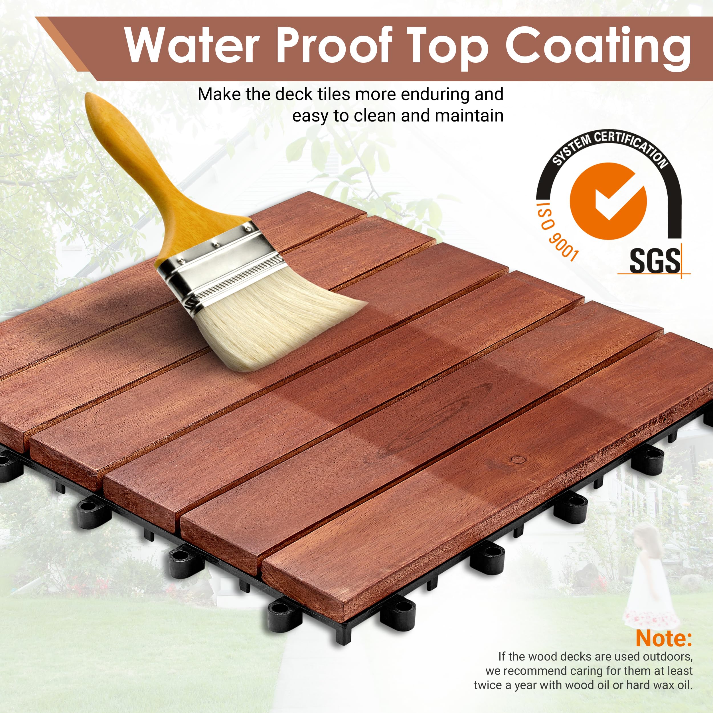 PrimeZone 108 PCS Solid Acacia Wood Interlocking Patio Deck Tiles - 12" x 12" Indoor Outdoor Waterproof Flooring Tiles for Balcony, Backyard, Garden & Poolside, All Weather Use, Brown