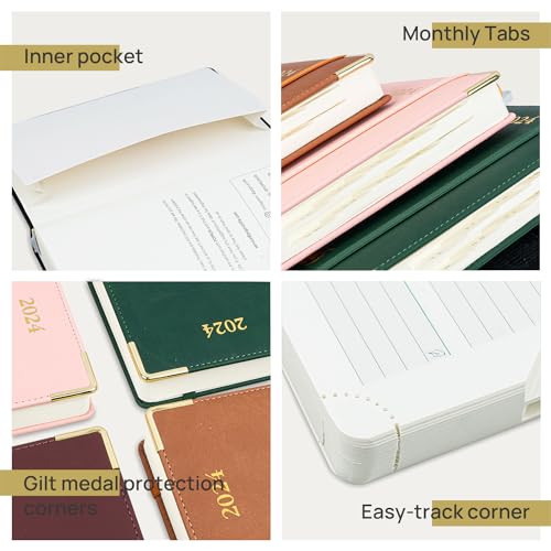 POPRUN Daily Planner 2024 One Page per Day with Vegan Leather Hardcover - Agenda 2024 Hourly Appointment Book with Monthly Tabs, Inner Pocket, 5.5" x 8.5", Pacific Green