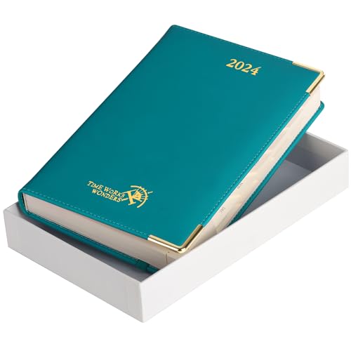 POPRUN Daily Planner 2024 One Page per Day with Vegan Leather Hardcover - Agenda 2024 Hourly Appointment Book with Monthly Tabs, Inner Pocket, 5.5" x 8.5", Pacific Green