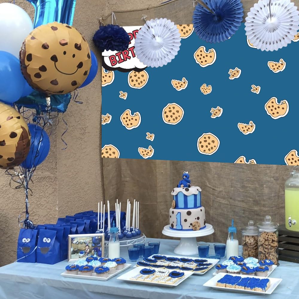 Rcoaror Cookie Birthday Backdrop Blue Monster 1st Birthday Party Background Our Little Cookie is Turning One Banner Kids Boys Cake Table Decorations Cookies and Milk Props 71X47inch