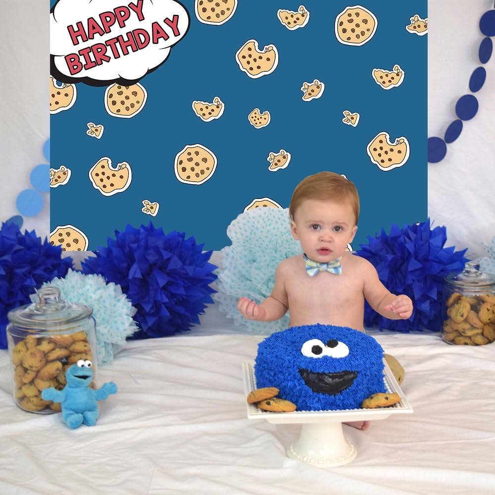 Rcoaror Cookie Birthday Backdrop Blue Monster 1st Birthday Party Background Our Little Cookie is Turning One Banner Kids Boys Cake Table Decorations Cookies and Milk Props 71X47inch