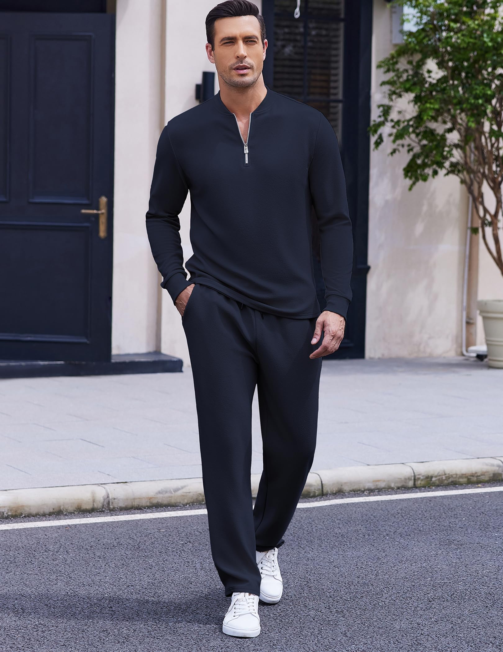 COOFANDY Men's Tracksuit 2 Piece Set Quarter Zip Polo Sweatsuit Athletic Long Sleeve Casual Sports Outfits Running Blue