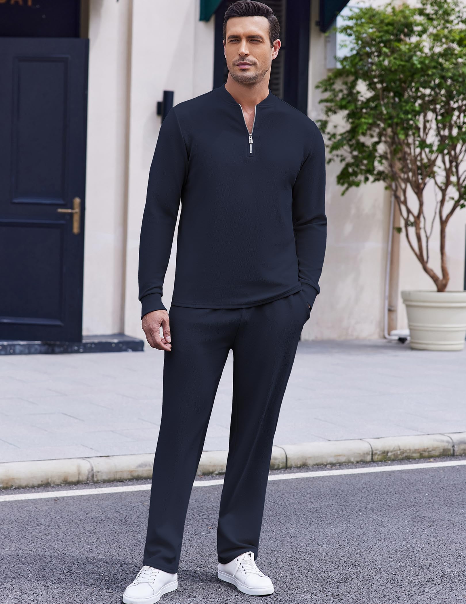 COOFANDY Men's Tracksuit 2 Piece Set Quarter Zip Polo Sweatsuit Athletic Long Sleeve Casual Sports Outfits Running Blue