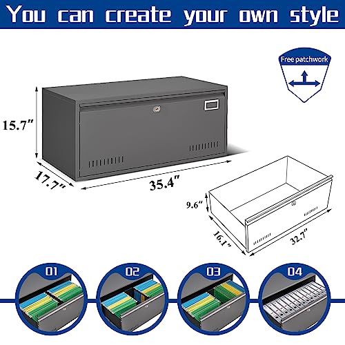 Prohon Metal File Cabinet with Hanging Rod for Letter, A4, Documents, Lateral Cabinets with Drawers & Key Lock, Large Space for Home Office, Gery