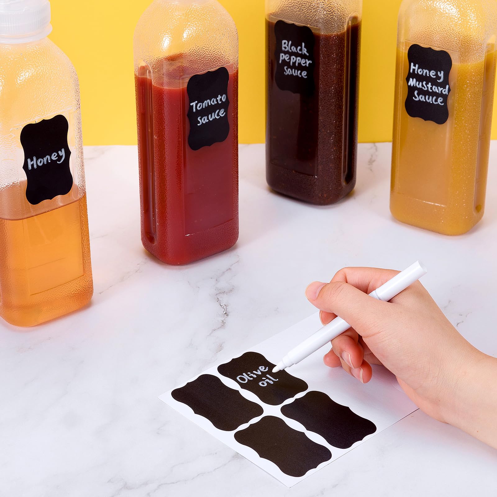 PARBEE 16oz Condiment Squeeze Bottles with Flip Top Lid, 4 Pack Refillable Condiment Containers Ketchup Squeeze Bottles, Leak Proof Dispenser for Syrup Oil BBQ Sauce with Labels & Markers